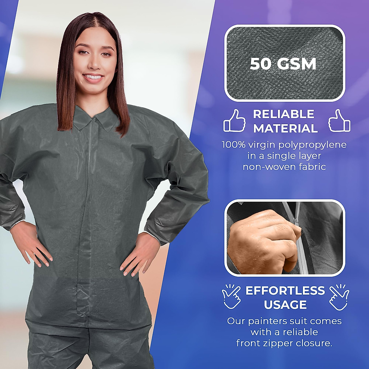 AMZ Medical Supply Gray Disposable Coveralls, 2X-Large. Pack of 5 Lab Coveralls Disposable with Front Zipper and Elastic Wrists. 50 GSM Polypropylene Painters Suit Disposable. Hazmat Costume Adult