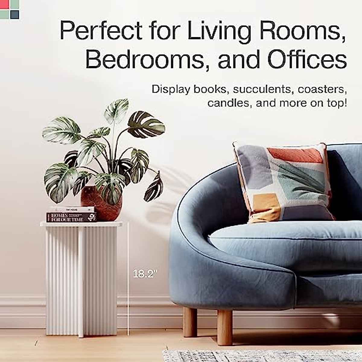 Square Fluted Accent Side Table - Drink Table - Living Room Furniture - Modern Home and Bedroom Decor - Pedestal Side Table with a Solid Oak Base (White)