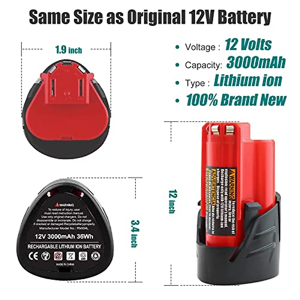 2Packs 3.0Ah 12 Volt 48-11-2430 Replacement Battery Compatible with Milwaukee 12V Battery Lithium 48-11-2430 48-11-2420 48-11-2425 48-11-2401 48-11-2402 48-11-2440 48-11-2460 Cordless Power(Orange)