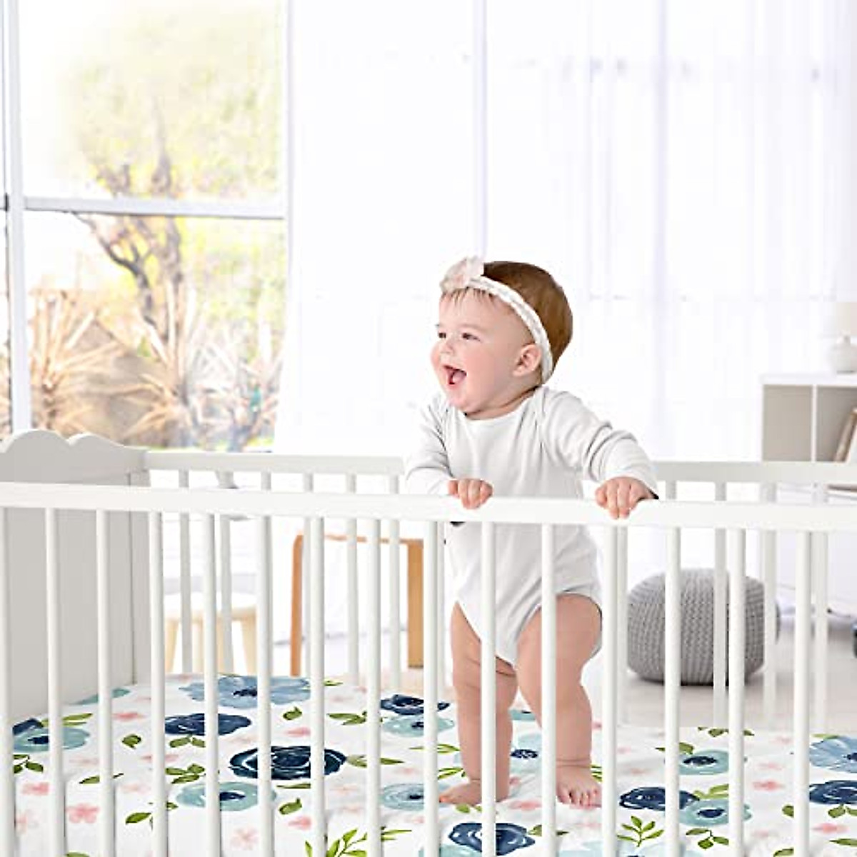 Sweet Jojo Designs Navy Blue and Pink Watercolor Floral Girl Fitted Crib Sheet Baby or Toddler Bed Nursery - Blush, Green and White Shabby Chic Rose Flower