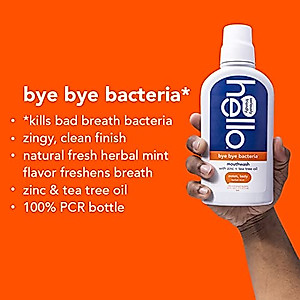 Hello Bye Bye Bacteria Oral Rinse Mouthwash, Alcohol Free Mouthwash for Bad Breath with Tea Tree Oil and Zinc, Multipack, No Alcohol, No Dyes, Vegan, Herbal Mint Flavor, 3 Pack, 16 OZ Bottles