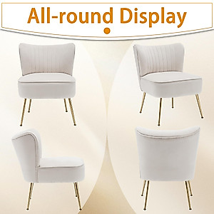 ABET Accent Chairs Set of 2, Velvet Armless Living Room Chairs with Tufted Wingback Thicken Cushion Gold Metal Legs, Comfy Upholstered Side Chairs Slipper Chairs Club Chairs for Bedroom, Beige