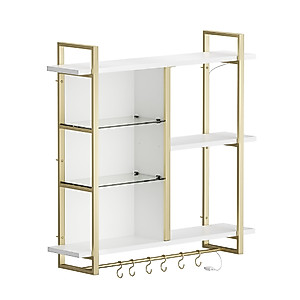 BELLEZE Gaming Floating Shelves, 40" LED Display Shelves Wall Mounted 4 Tier Storage Rack, Wooden Hanging Shelf with 6 Hooks, Wine Coffee Bar Rack for Kitchen Organization and Home Decor