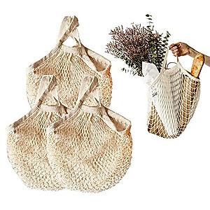 3 PCS Ecology Reusable Cotton Mesh Grocery Bags,Portable Short Handle Net Tote with Grips for Grocery Shopping,Beige Mesh Bag for Grocery Shopping,Beach,Toys,Storage,Fruit,Vegetable and Market