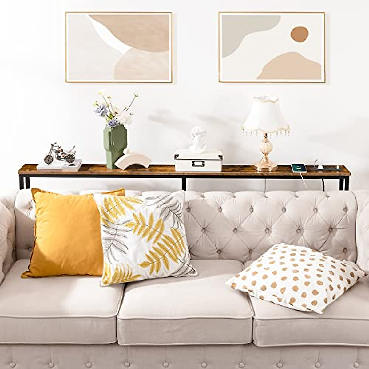 HOOBRO 5.9" Behind Couch Table Skinny with Charging Station, 63" Narrow Console Table with Power Outlets, Long and Thin Sofa Table, Slim Entryway Table, Rustic Brown BF165UXG01