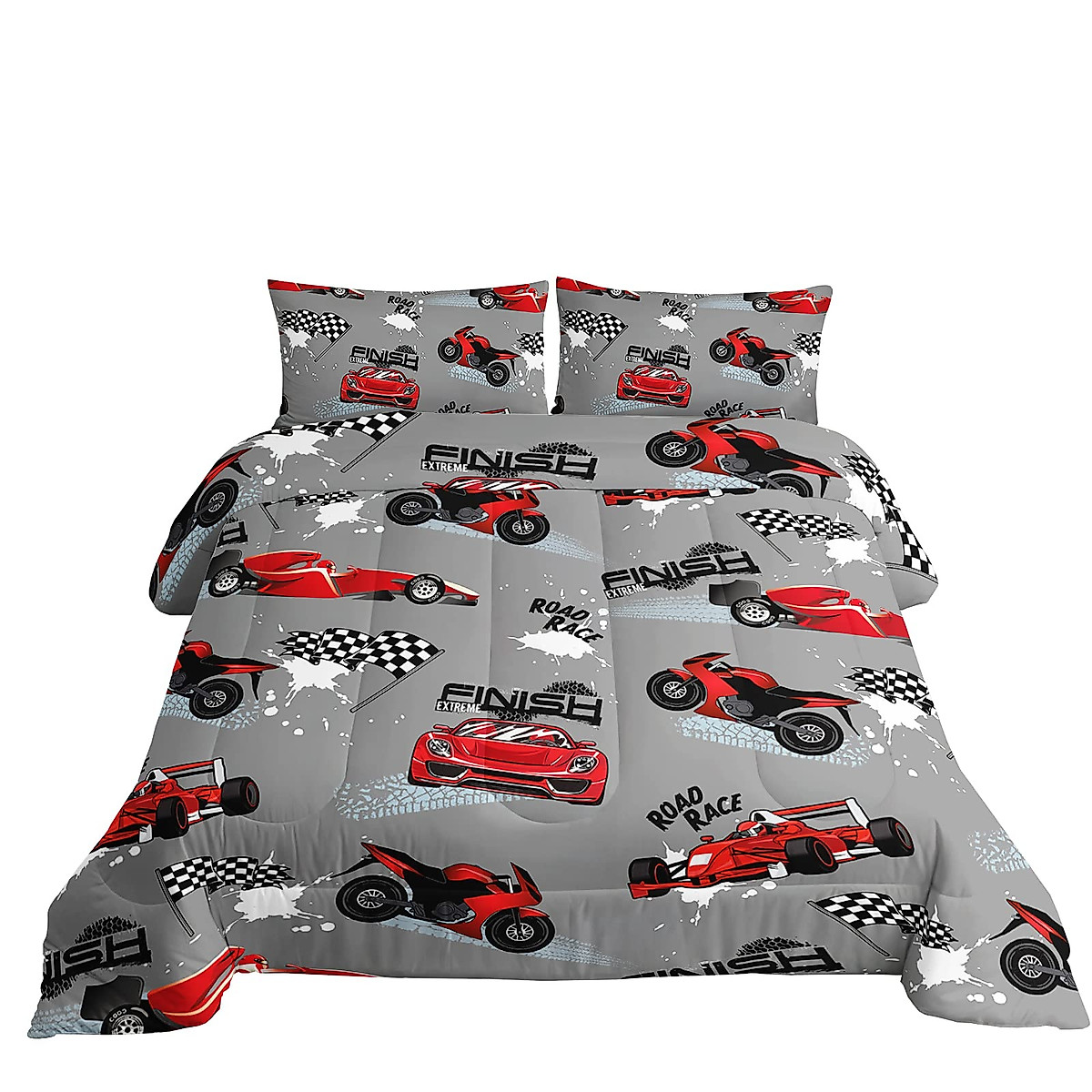 Axolotl Kid Comforter Set Twin Size,Racing Car Bedding Set for Boys Girls Teen Kids Children Car Racing Gifts,Race Cars Quilt Bed Set with 1 Comforter 2 Pillowcases,Red Grey