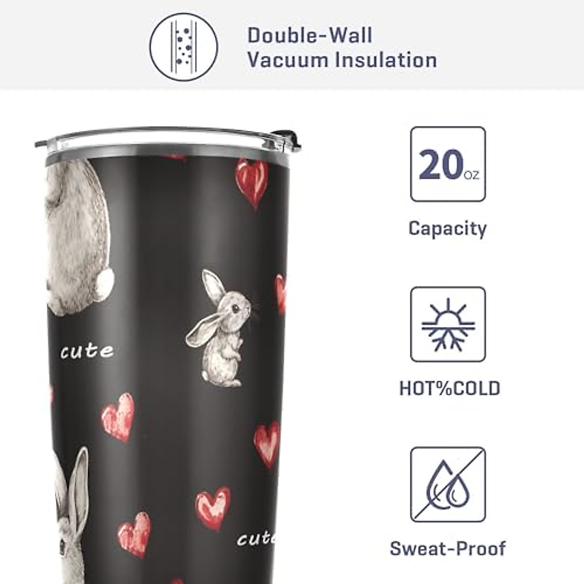 HXshaoye rabbit Vintage Valentines Stainless Steel insulated coffee cup travel with Straw Lid Camping Mug for coffee 20oz coffee tumbler termos para gym 20oz