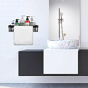 Misounda Shower Caddy Adhesive Shower Organizer Wall Mounted Shower Shelves with Towel Bar No Drilling Bathroom Organizer Shower Storage for Dorm Bathroom Toilet Kitchen-Black