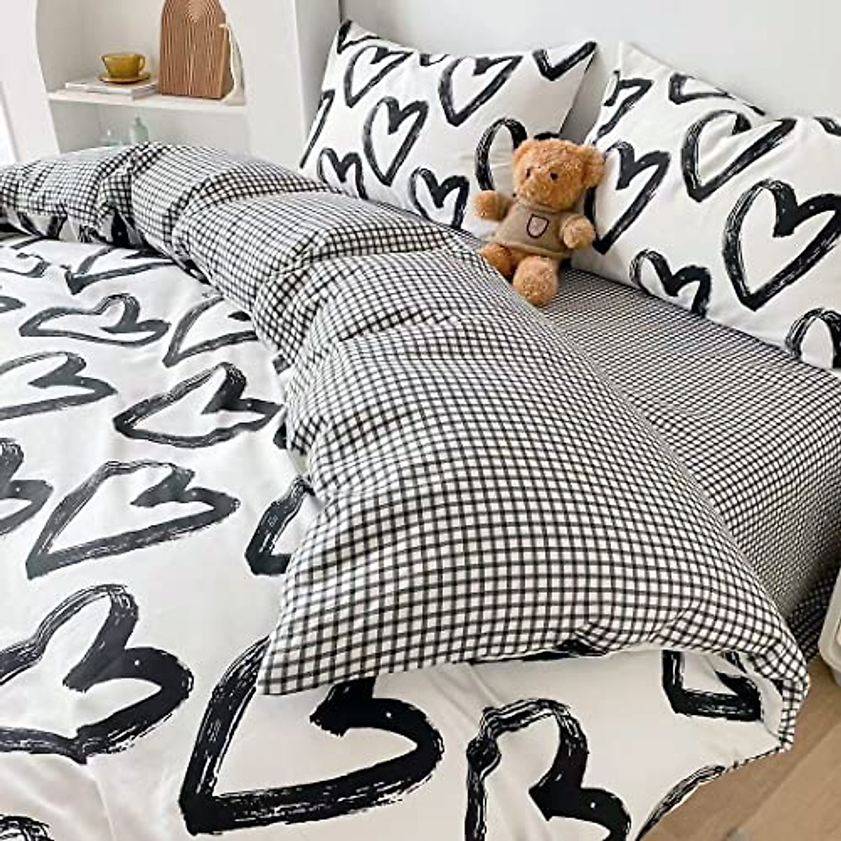 Wellboo Love Comforter Sets Queen Black and White Bedding Comforters Cotton Women Girls Heart Shaped Bed Quilts Brush Ink Love Pattern Quilts Adults Girls Modern Kawaii Black White Dorm Comforters