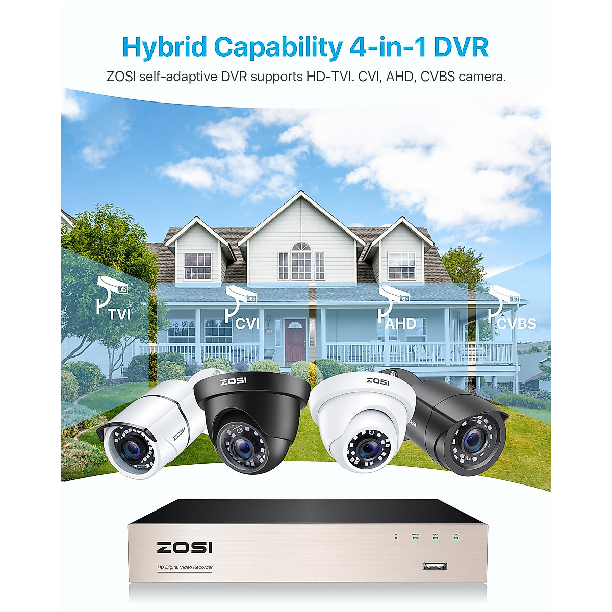 ZOSI H.265+ 8CH 4-in-1 5MP Lite Surveillance DVR Recorders Security System with 2TB Hard Drive for HD-TVI, CVI, CVBS, AHD 960H/720P/1080P/3MP/4MP/5MP CCTV Cameras, Motion Detection, Remote Viewing