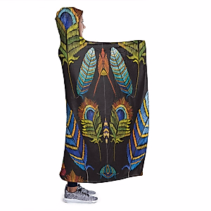 321DESIGN Bird Feather Wearable Blanket Fleece Hooded Robe Cloak Throw Quilt Poncho Microfiber Sherpa Plush Warm Wrap Multiple-Size Cape Adult Size 80 x 60 Inch