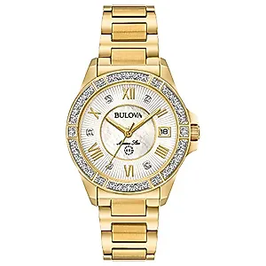 Bulova Ladies' Marine Star Diamond Gold Tone Stainless Steel 3-Hand Quartz Watch, White Mother-of-Pearl Dial and Sapphire Crystal Style: 98R235