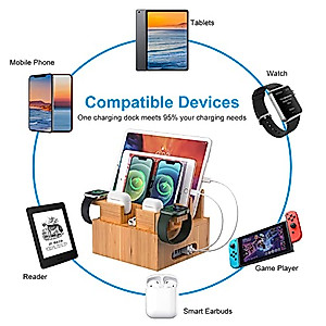 Bamboo Charging Station Organizer for Multiple Devices (Included 5 Port USB Charger, 6 Pack Charge & Sync Cable, with Earbuds & Watch Stand), Electronic Device Desktop Stations for Cell Phone, Tablet