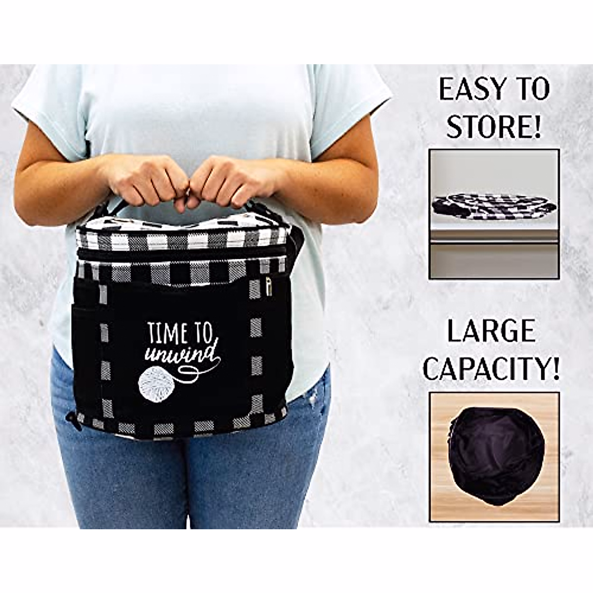 Steel Mill & Co Yarn Tote, Stylish Knitting Bag, Large Capacity Organizer for Knitting & Crochet Supplies, Craft Tote with Yarn Divider and Pockets for Hooks & Needles, Black Gingham