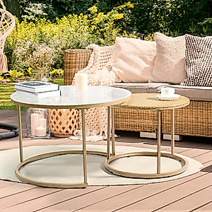 SunsGrove Outdoor Wicker Coffee Table Patio Furniture Garden Rattan Glass Table Center Table with Tempered Glass Top for Garden Lawn Porch Balcony, Gold