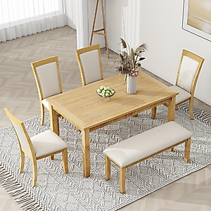 KLMM Rustic Solid Wood 6-Piece Dining Table Set with PU Leather Upholstered Chairs and Bench,for DiningRoom LivingRoom Kitchen Use (Natural Wood Wash@PU Leather)