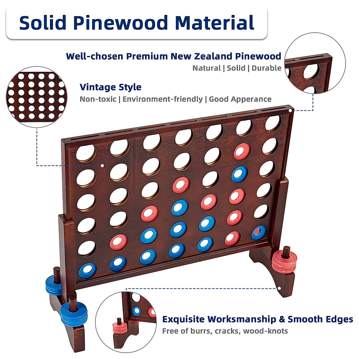 SpeedArmis Giant Wooden 4 in A Row Game - Fun Indoor and Outdoor Board Games for Teens, Includes 42 Pcs Dics and Carrying Bag