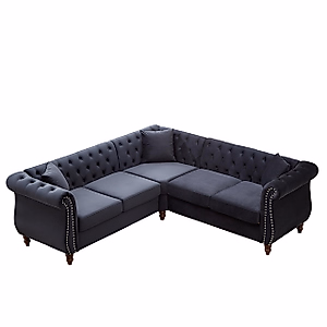 Merax L-Shaped 83.5-inch Sofa Couch, Luxury Classic Chesterfield Velvet Corner Sofa, Button Tufted Upholstered Sectional Corner Sofa with 3 Pillows and Solid Wood Gourd Legs, Black