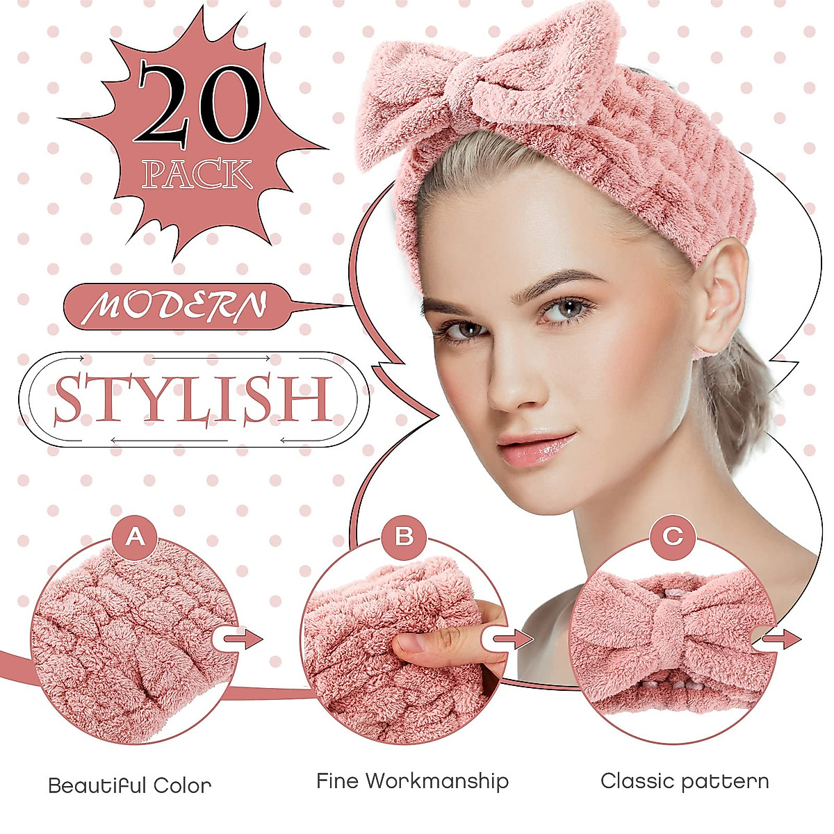 Yunlly 20 Pcs Spa Headband for Women 4 Inches Width Facial Makeup Hair Band Bulk Skincare Headbands for Washing Face Bowtie Headband Slumber Party Supplies Fluffy Head Wraps(Rose Pink)