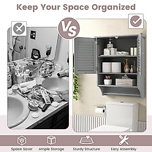 LOKO Bathroom Medicine Cabinet, Storage Cabinet with Double Louvered Doors, Wall Mounted Cabinet with Open Shelf & Towel Bar, Over The Toilet Space Saver Cabinet for Living Room Kitchen (Grey)