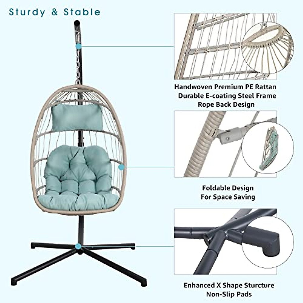 Patiorama Indoor Outdoor Egg Swing Chair with Stand, Patio Beige Wicker Rattan Hanging Chair with Rope Back, Cushion,Cover,All Weather Foldable Hammock Chair for Bedroom, Garden (Tiffany Blue)