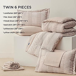 Bedsure Twin Bed in A Bag - Twin Comforter Sets 6 Piece Stripes Seersucker Bedding Set, Soft Lightweight Down Alternative Comforter Twin Bed Set(Khaki 68x88 inch)