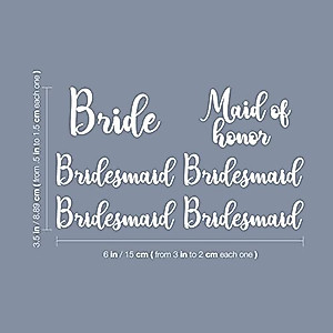 Set of 6 Vinyl Art Decals - Bride Bridesmaid Maid of Honor - from 0.5" to 3" Each - for Phone Case Heels Shoes Hangers Wedding Decor (White)