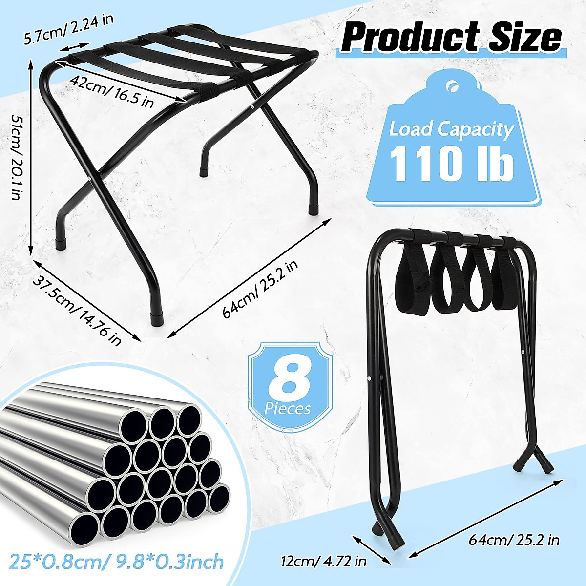 Pelopy 8 Pack Luggage Rack Steel Folding Suitcase Stand Black Luggage Racks with Nylon Straps for Home Hotel Bedroom Closet Guest Room Travel Vacation Motels Supplies