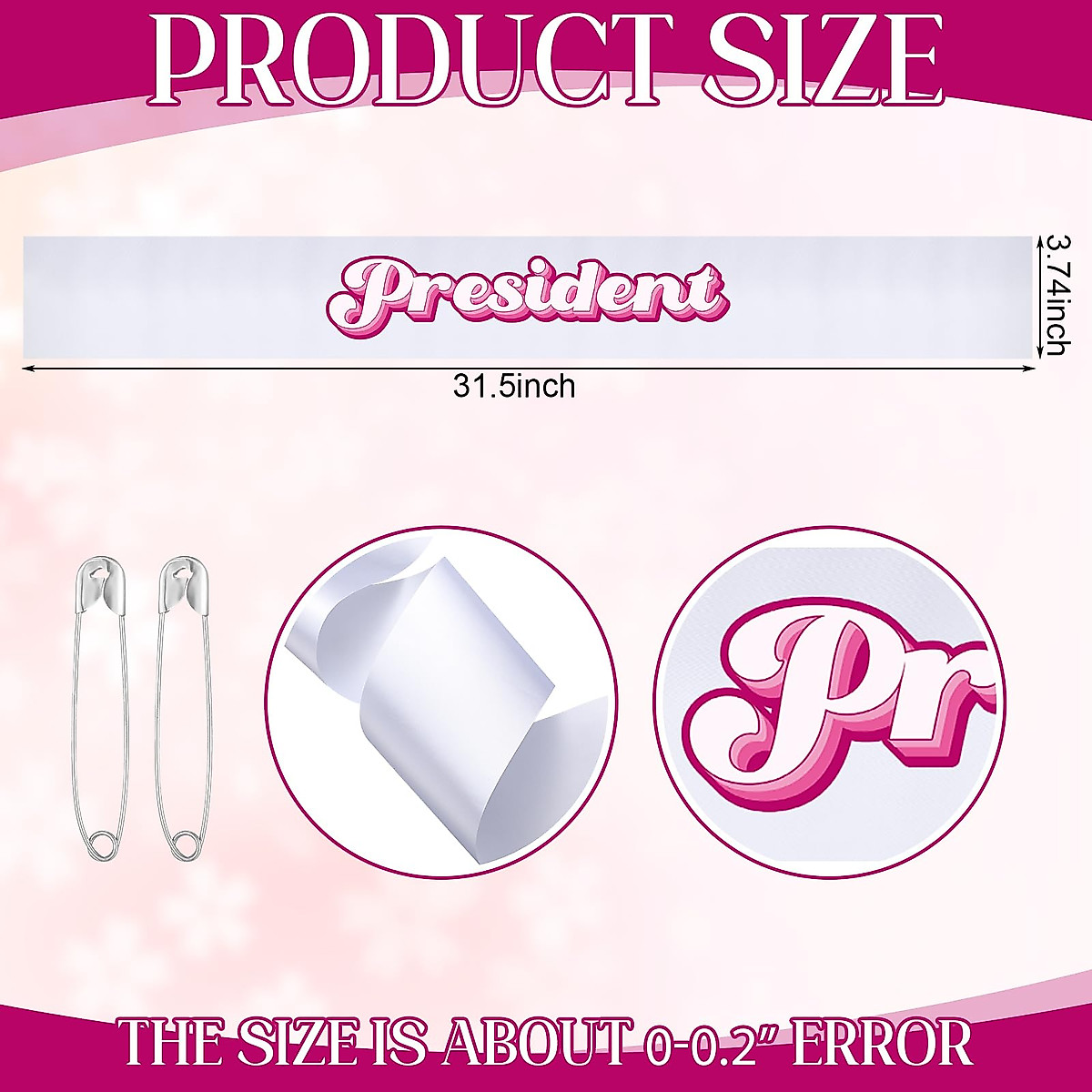 Sash Female Role-Playing Supplies with Pins for Halloween Events Elections Parties and Activities (President)