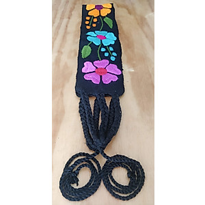 Mexican Embroidery Belt Sash 28 Inches & 22 Inches String Beautiful Floral Design Traditional Fiesta Party (Black, 1)