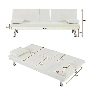 RIDFY 66.5” Modern Futon Sofa Bed with Metal Legs/2 Cupholders, Convertible Folding Upholstered Loveseat, Memory Foam Living Seat with Removable Armrests for Compact Spaces/Apartments/Office (Black)