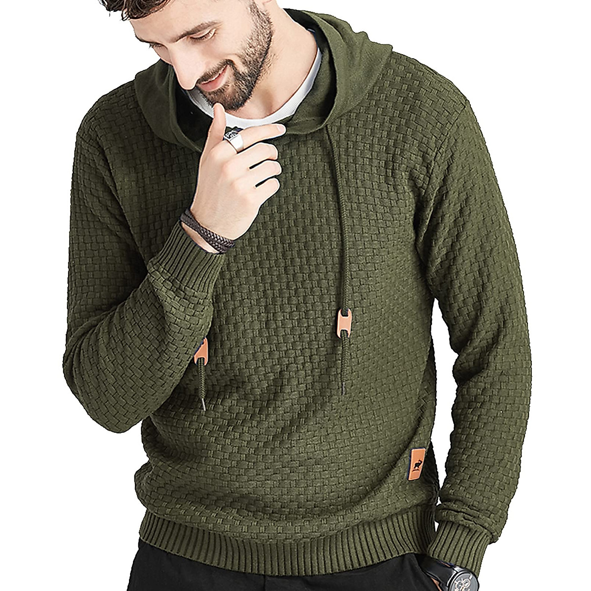Zaitun Mens Hooded Sweatshirt Long Sleeve Solid Knitted Hoodie Pullover Sweater Army Green
