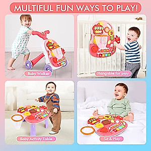 Eners Sit to Stand Baby Learning Walker with Wheels, Baby Activity Walker, 2 in 1 Baby Push Walkers and Activity Center, Walker for Baby Boy Girl (Walker Pink)