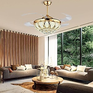 N/B 42 Inch Modern Gold Crystal Chandelier Fan with Retractable Blades Ceiling Fan with Light LED and Remote Control Indoor Fan Suitable for Dining Room Bedroom