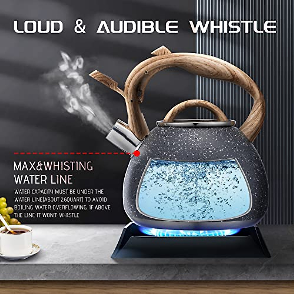 MARSKITOP Tea Kettle Stovetop Whistling Tea Pot for Stove Top, Stainless Steel Tea Kettle Teapot with Wooden Pattern Handle, 2.6 Quart, Gray