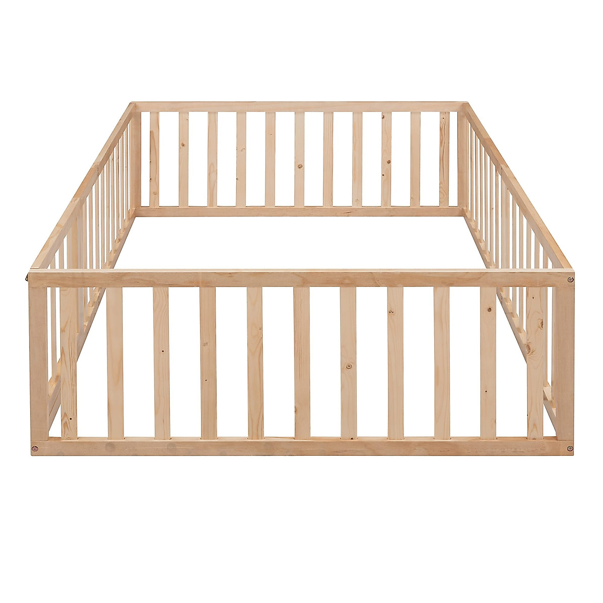 LostCat Full Size Wood Floor Bed Frame with Fence, Montessori Floor Bed w/Door, Kids Noise Free Beds, No Box Spring Needed, Easy Assembly, for Children, Natural