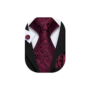 YOHOWA Men Tie Set Paisley Burgundy Silk Necktie Handkerchief Cufflinks Formal Business Wedding Party