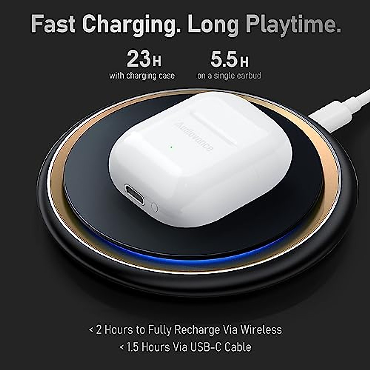 Audiovance NT301 Earbuds, Wireless Headphones Bluetooth Ear Buds for iPhone and Android, Comfort Fit, Premium Sound, Clear Calls, Wireless Charging, Waterproof, 23H Battery Earphones (White)