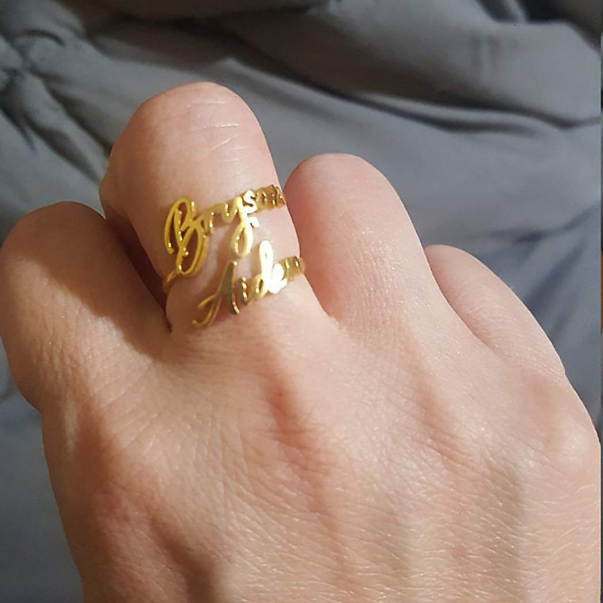 SIMONLY Valentines Day Gifts Double Name Ring Two Name Ring Sterling Silver Statement Ring Custom Name Ring with Any Names Mother Daughter Ring Gift