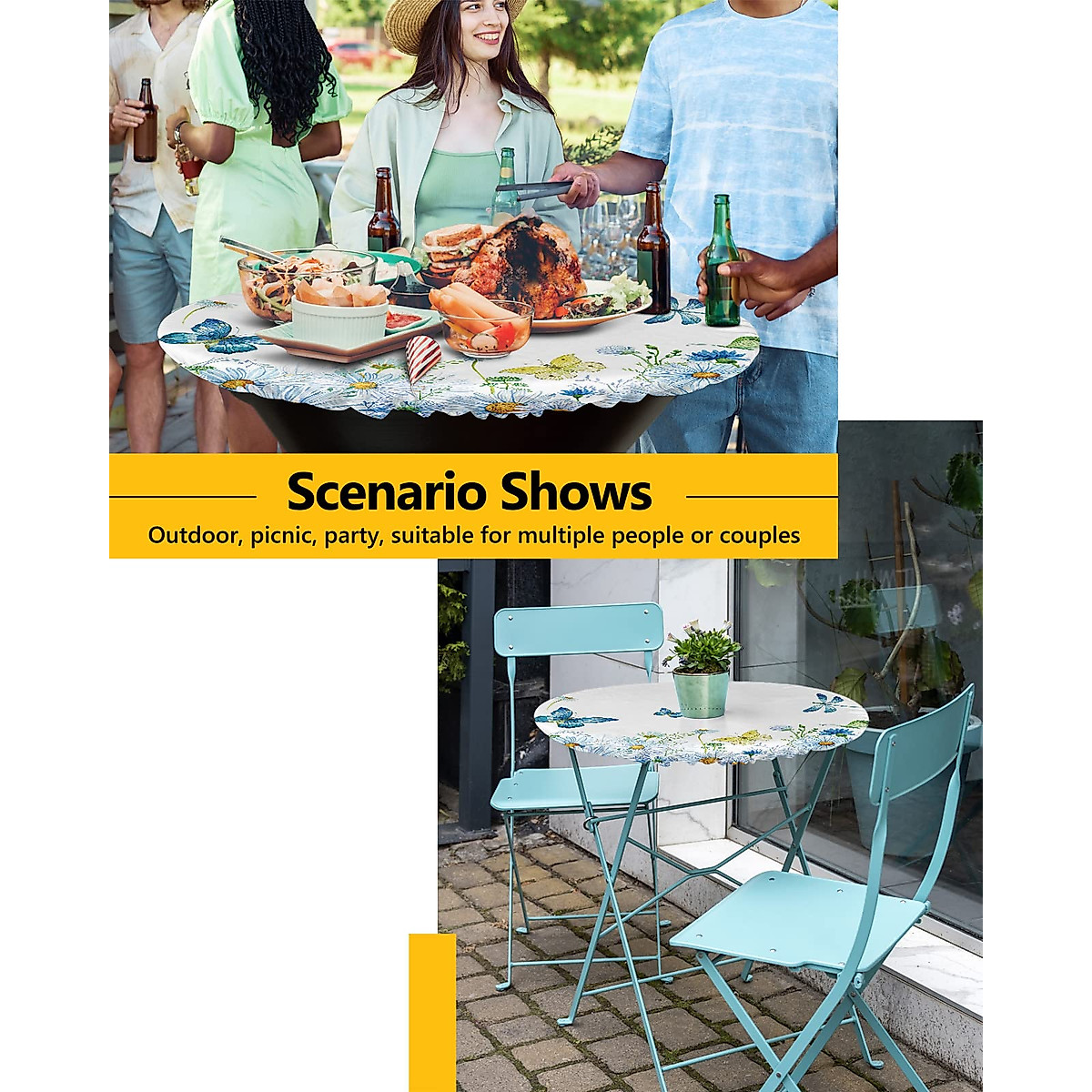 Big buy store Elastic Edged Waterproof Tablecloth Round Daisy Butterfly Dragonfly Reusable Wipeable Table Cover Watercolor Flowers Washable Oil-Proof Fitted Table Cover up up to 36"- 44" Round Tables