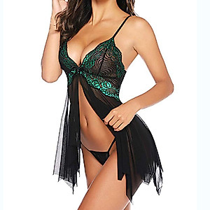 Lingerie for Women Strappy V Neck Lace Babydoll Sleepwear See Through Mesh Sheer Chemises Negligees Boudoir Outfits Plus Size