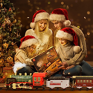Train Set for Boys Girls, Christmas Electric Train Set with Steam, Sound & Light, Remote Control Train Toys w/Steam Locomotive Engine, Cargo Cars for Kids Boys 3 4 5 6 7 8 Year Old (M, Christmas)