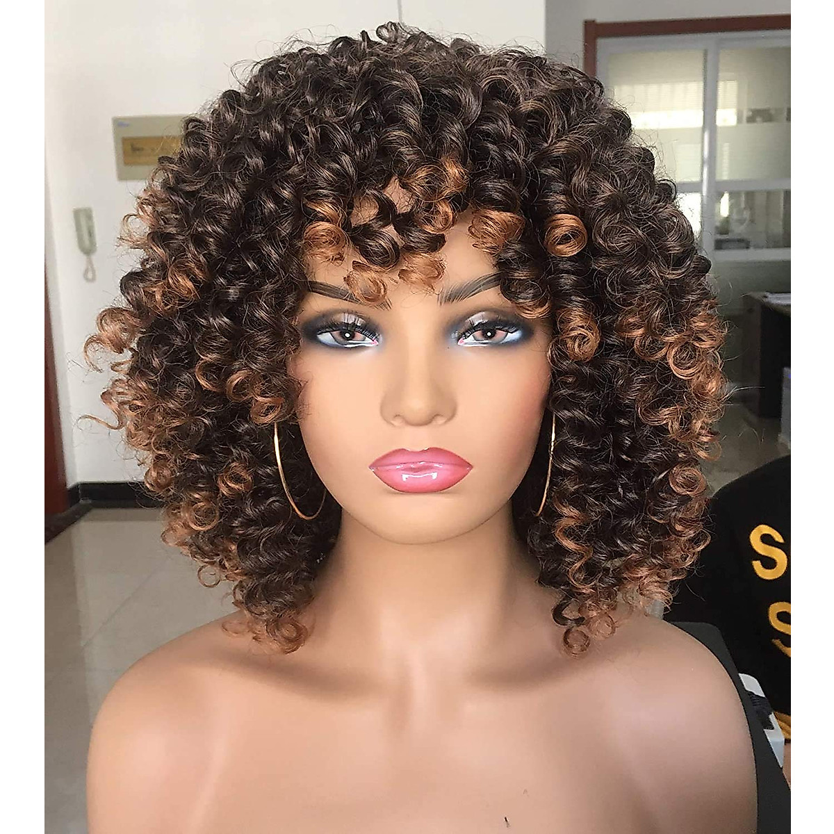 ANNIVIA Short Curly Wig for Black Women with Bangs Big Bouncy Fluffy Kinky Curly Wig Heat Resist Soft Synthetic 2Tone Ombre Darkest Brown Short Curly Afro Wig