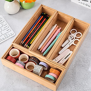 Kigley 8 Pieces Bamboo Drawer Organizer Kitchen Utensils Wooden Utensil Organizer for Drawers Stackable Wooden Storage Box Bamboo Silverware Tray for Drawer (9 x 3 x 2 Inch)