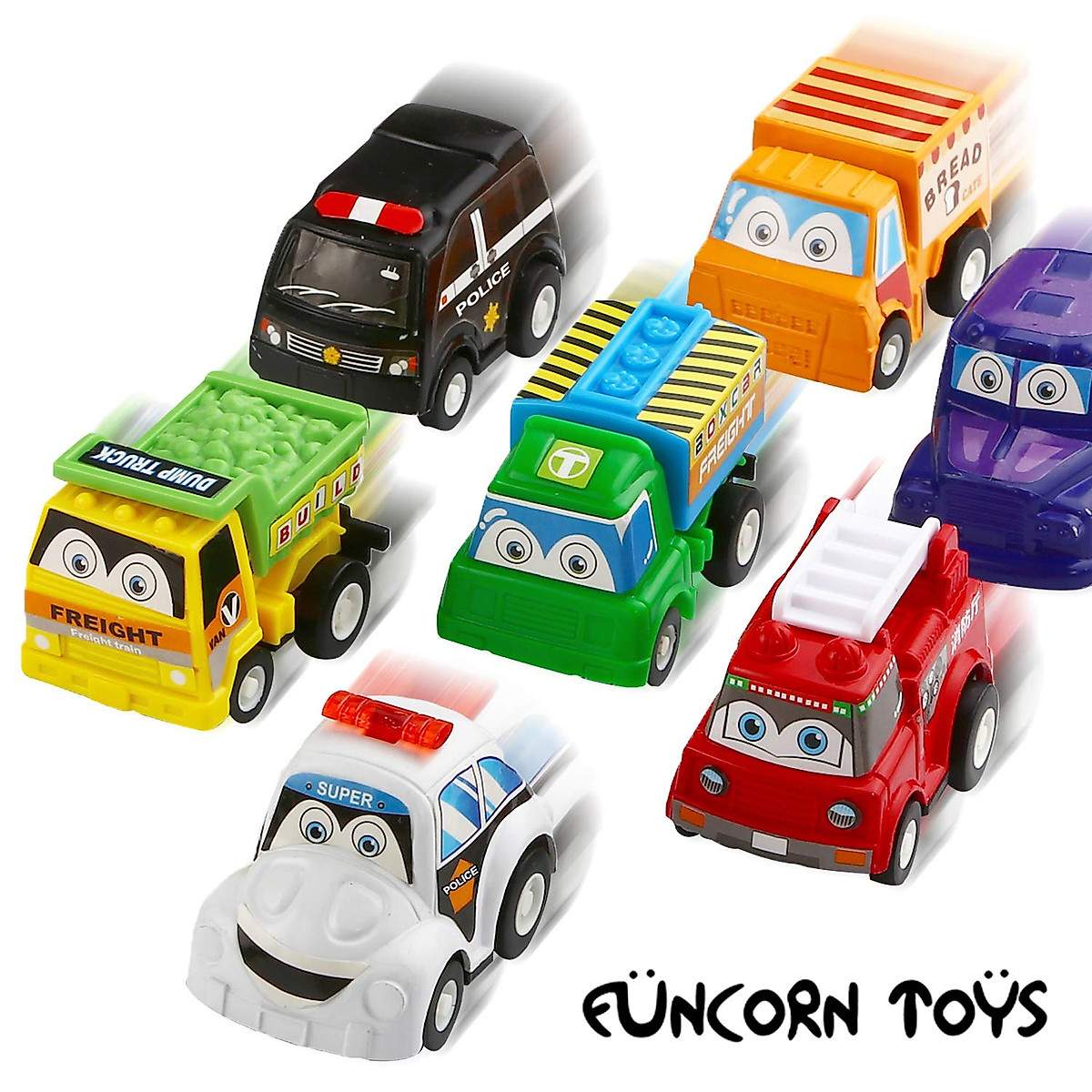 Funcorn Toys Pull Back Car, 12 Pack Assorted Mini Plastic Vehicle Set, Pull Back Truck and Car Toys for Boys Kids Toddler Party Favors,Die Cast Car Toy Play Set