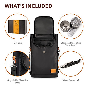 Philiva 3 Bottle Wine Tote Bag with Wine Tumblers and Wine Opener, Wine Gifts for Women, Portable Wine Carrier Purse with Shoulder Strap for Travel/Picnic/Beach/Pool/Events/Hiking, Black