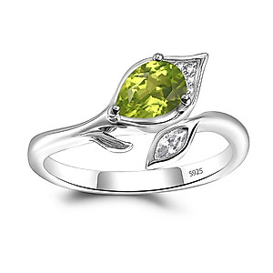 LUO S925 Sterling Silver Pear Shaped 0.82 Carat Peridot Ring Leaf Promise Ring August Birthstone Ring for Women Mother's Day Gifts US Size 7