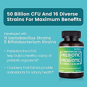 Zentastic Probiotics & Prebiotics Supplement - 50 Billion CFU - for Men & Women’s Immune & Digestive Health - 16 Strains - Shelf Stable - 60 Delayed Release Veggie Capsules