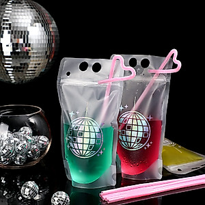Hoolerry 72 Pcs Disco Pouches for Drinks Adult Drink Pouches 70s Disco Party Drink Pouches with Straws Resealable Disco Theme Drink Bags Plastic Zipper Clear Juice Pouches for Party Supplies (Classic)
