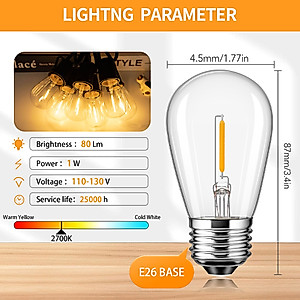 Sphoon 25 Pack S14 Replacement LED Bulbs Outdoor String Lights Bulbs Filament Edison Bulb 1W=10W for Garden Patio Party Warm White 2700K,80LM,Clear Glass,E26 Base
